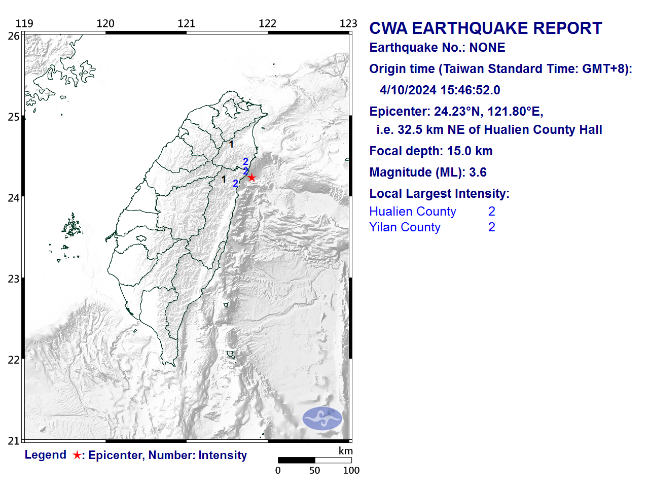 Earthquake Report 4/10 15:46 M L 3.6 24.25N 121.77E, i.e. 32.5 km NNE ...