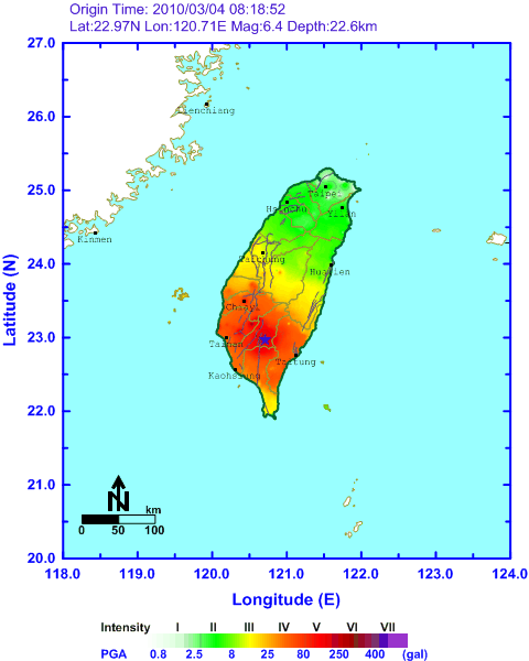 Intensity Scale 015 3/4 8:18 M L 6.4 22.97N 120.71E, i.e. 39.0 km NE of ...