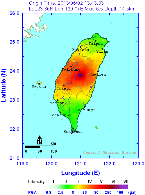 Intensity Scale 075 6/2 13:43 M L 6.5 23.86N 120.97E, i.e. 29.3 km E of ...