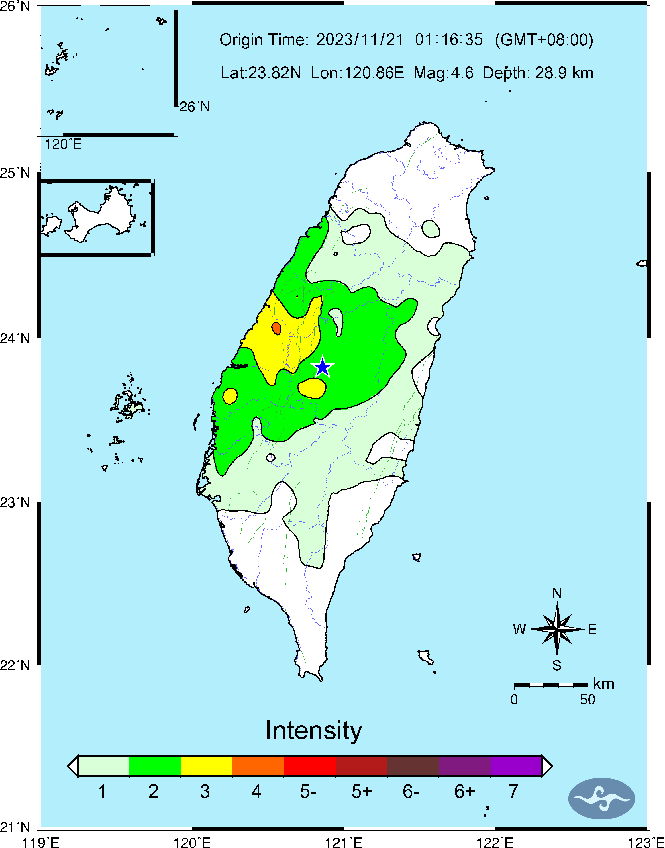 Intensity Scale 081 11/21 1:16 M L 4.6 23.82N 120.86E, i.e. 19.3 km ESE ...