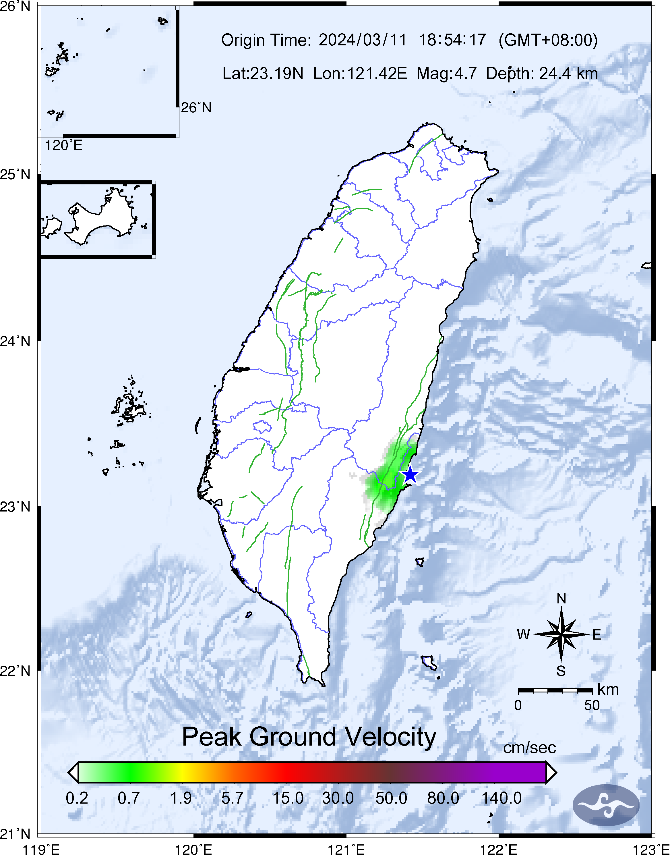 Intensity Scale 010 3/11 18:54 M L 4.7 23.19N 121.42E, i.e. 55.6 km NNE ...