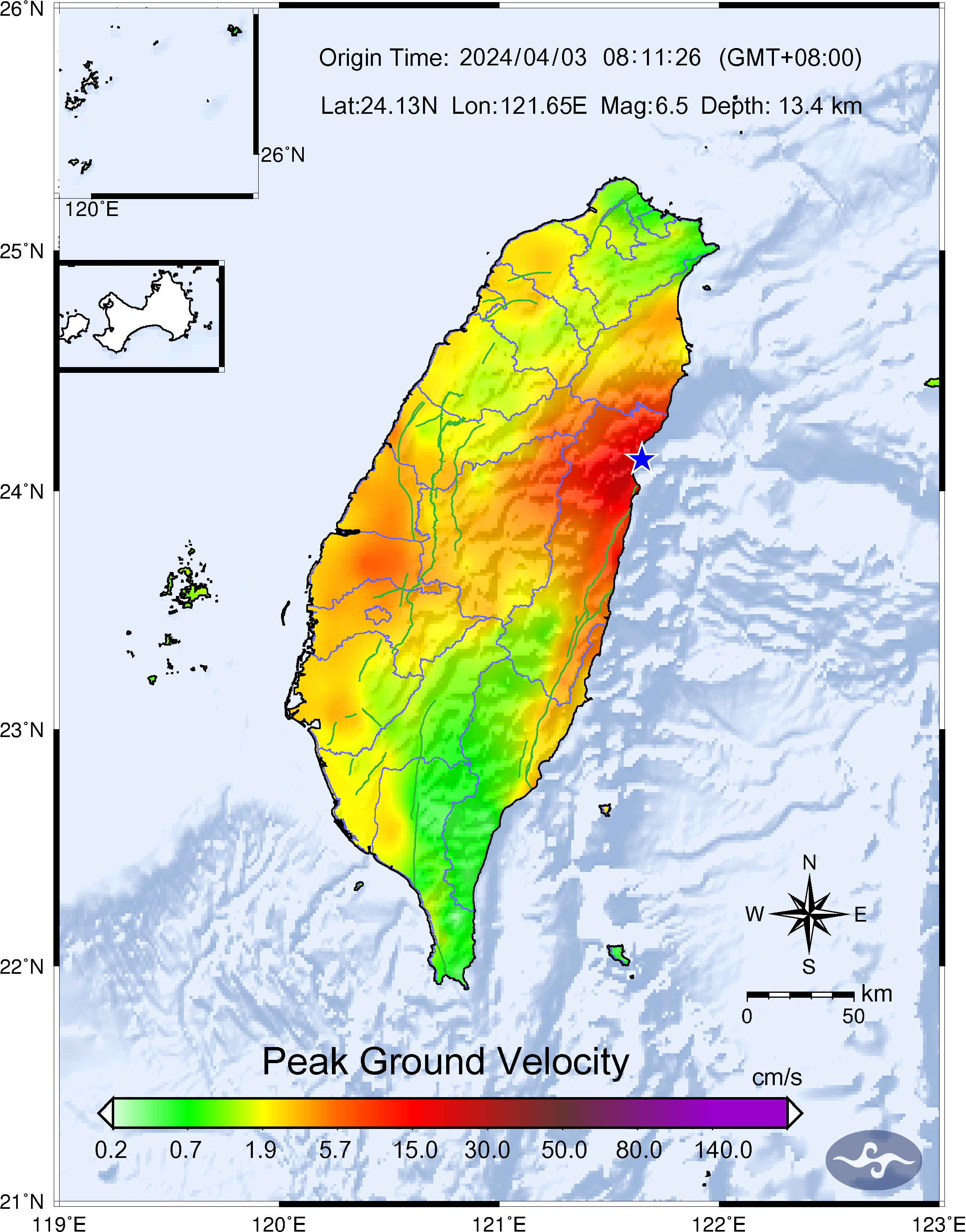 Intensity Scale 021 4/3 8:11 M L 6.5 24.13N 121.65E, i.e. 15.7 km NNE ...