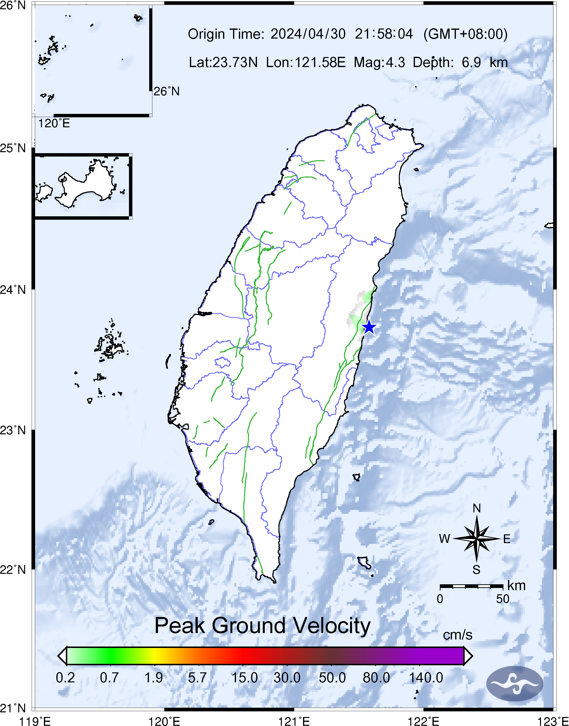 Intensity Scale 364 4/30 21:58 M L 4.2 23.74N 121.58E, i.e. 28.4 km S ...
